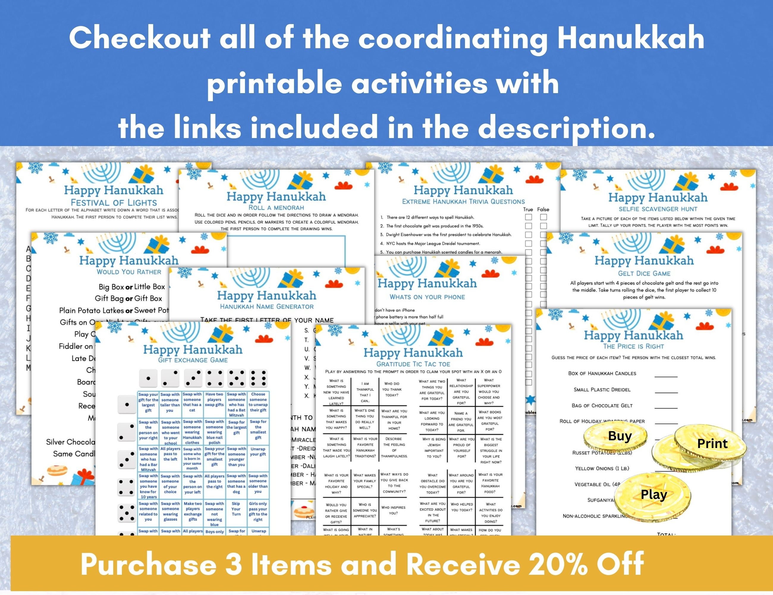 Hanukkah, Gratitude Tic Tac Toe Game, Jewish Holiday Celebration ...