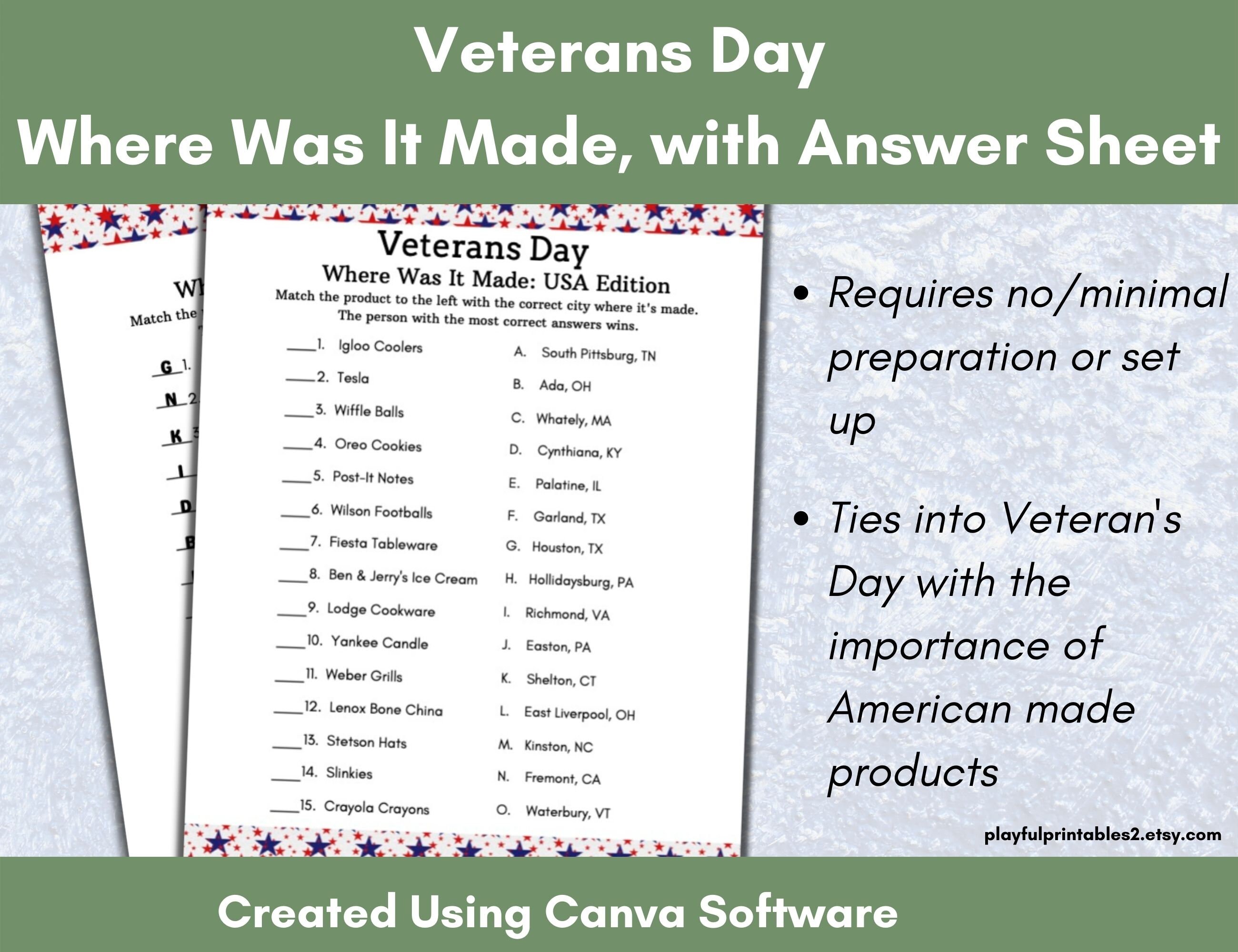 Veterans Day, Made in USA, Matching Game, American Trivia, Classroom ...