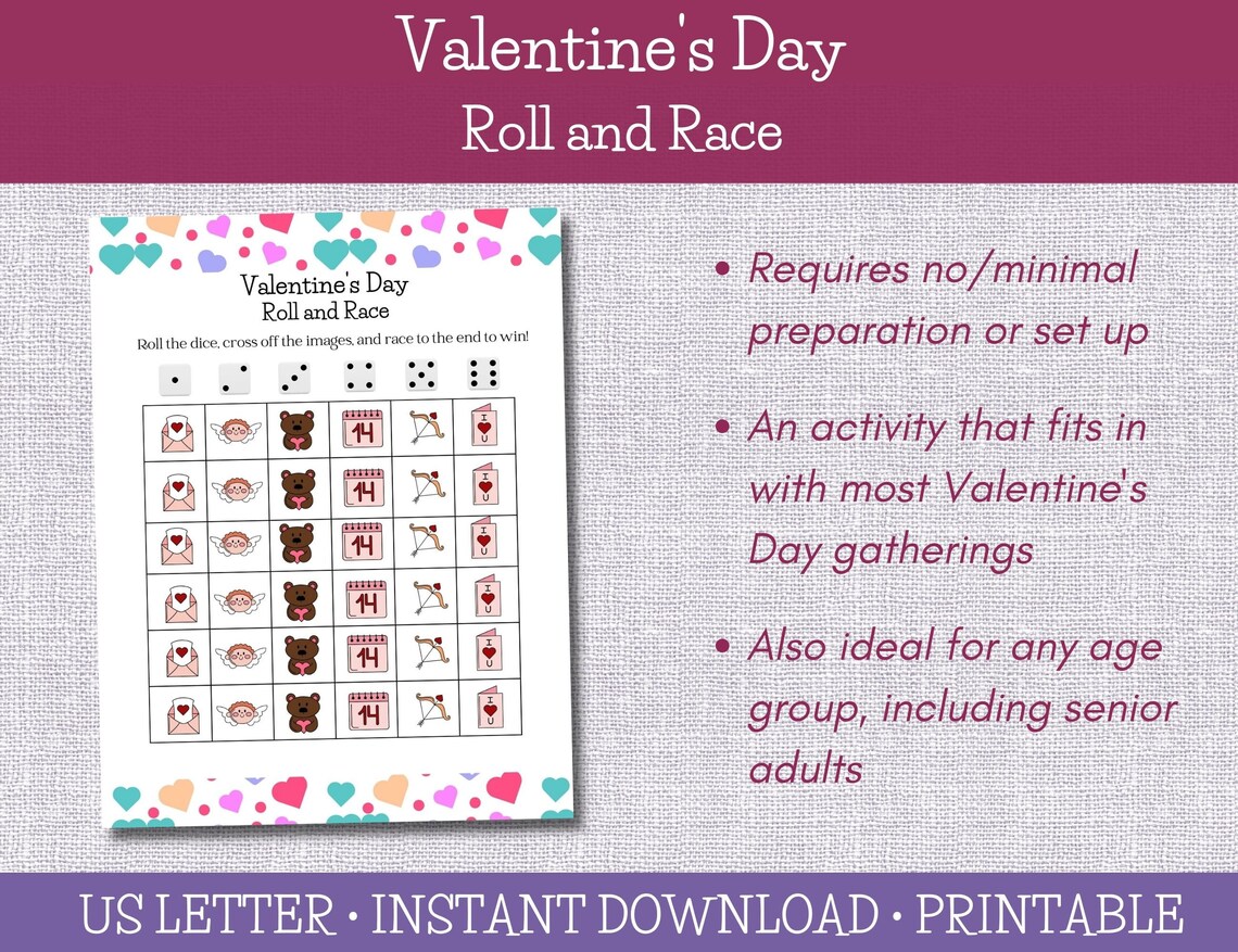 Valentine's Day, Valentine's Day Roll & Race, Dice Game, Valentine's ...