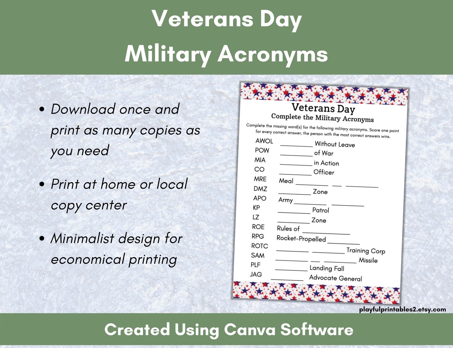 Veterans Day, Fill in the Blank, Military Acronyms, Word Game ...