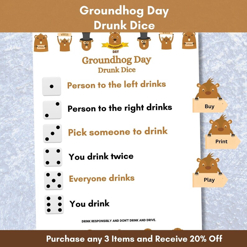 Groundhog Day, Drunken Dice Drinking Game, Groundhog Day Game, Adult ...