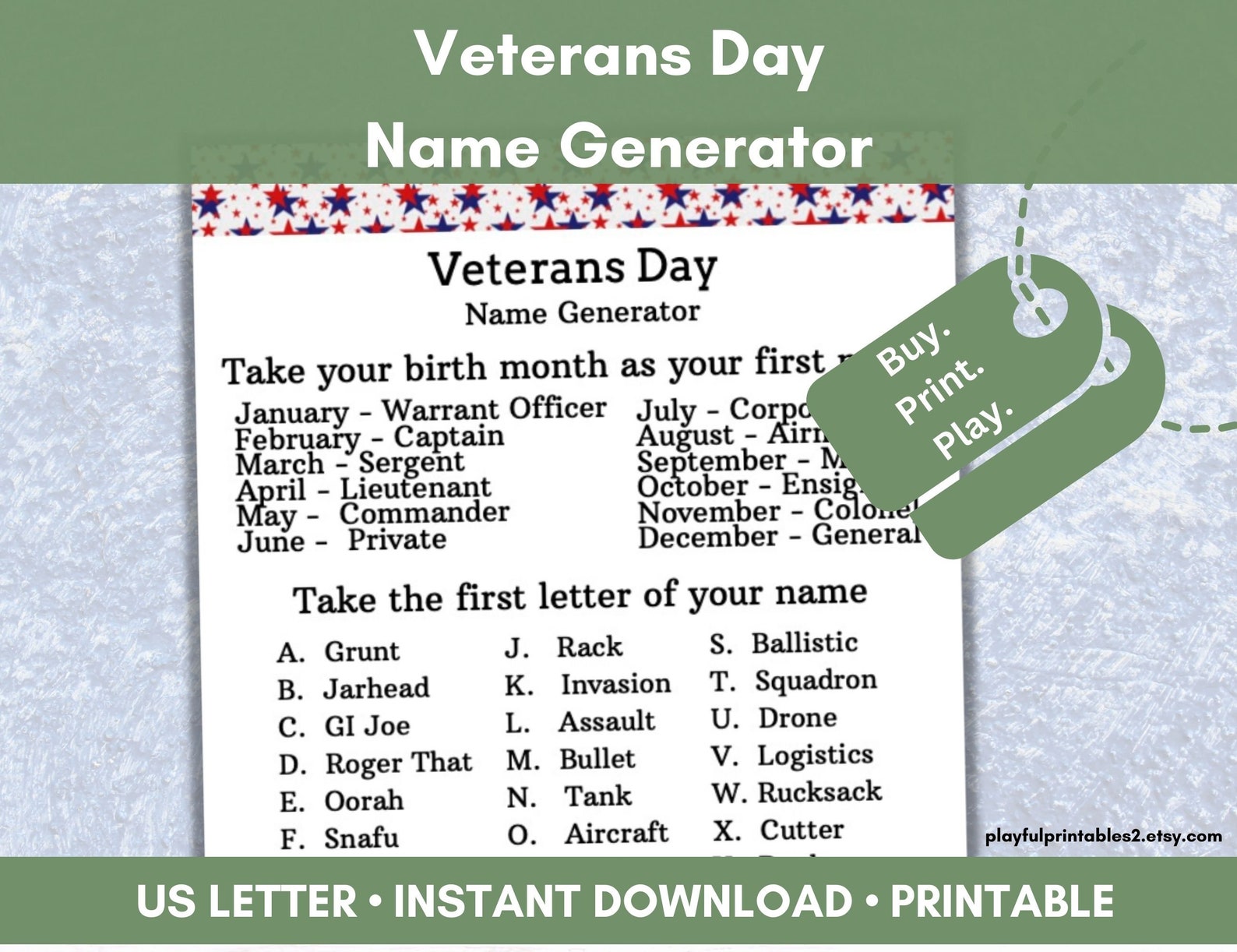Veterans Day, Name Generator, Military Game, Veterans Day Classroom, Senior Adult Patriotic ...