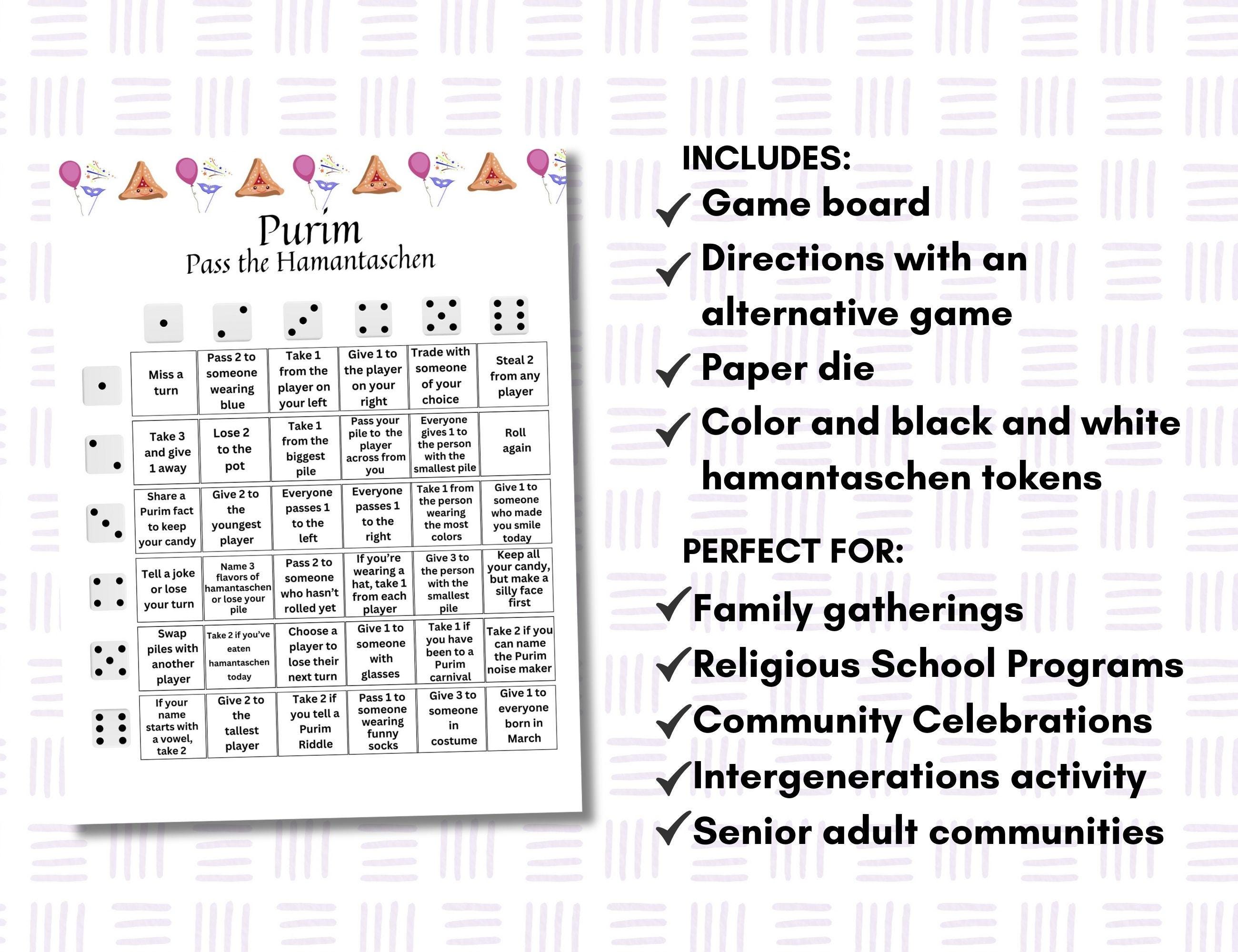 Purim Pass the Hamantaschen, Candy Dice Game, Purim Party Games, Jewish ...