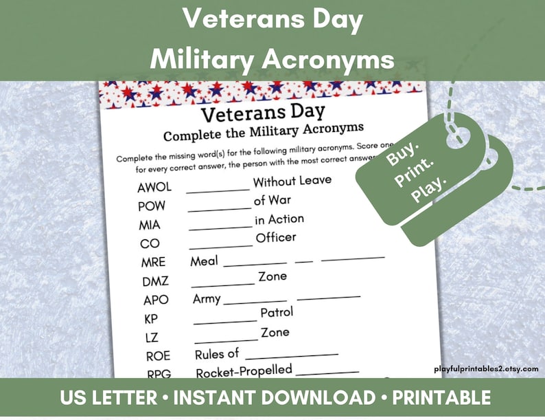 Veterans Day, Fill in the Blank, Military Acronyms, Word Game ...