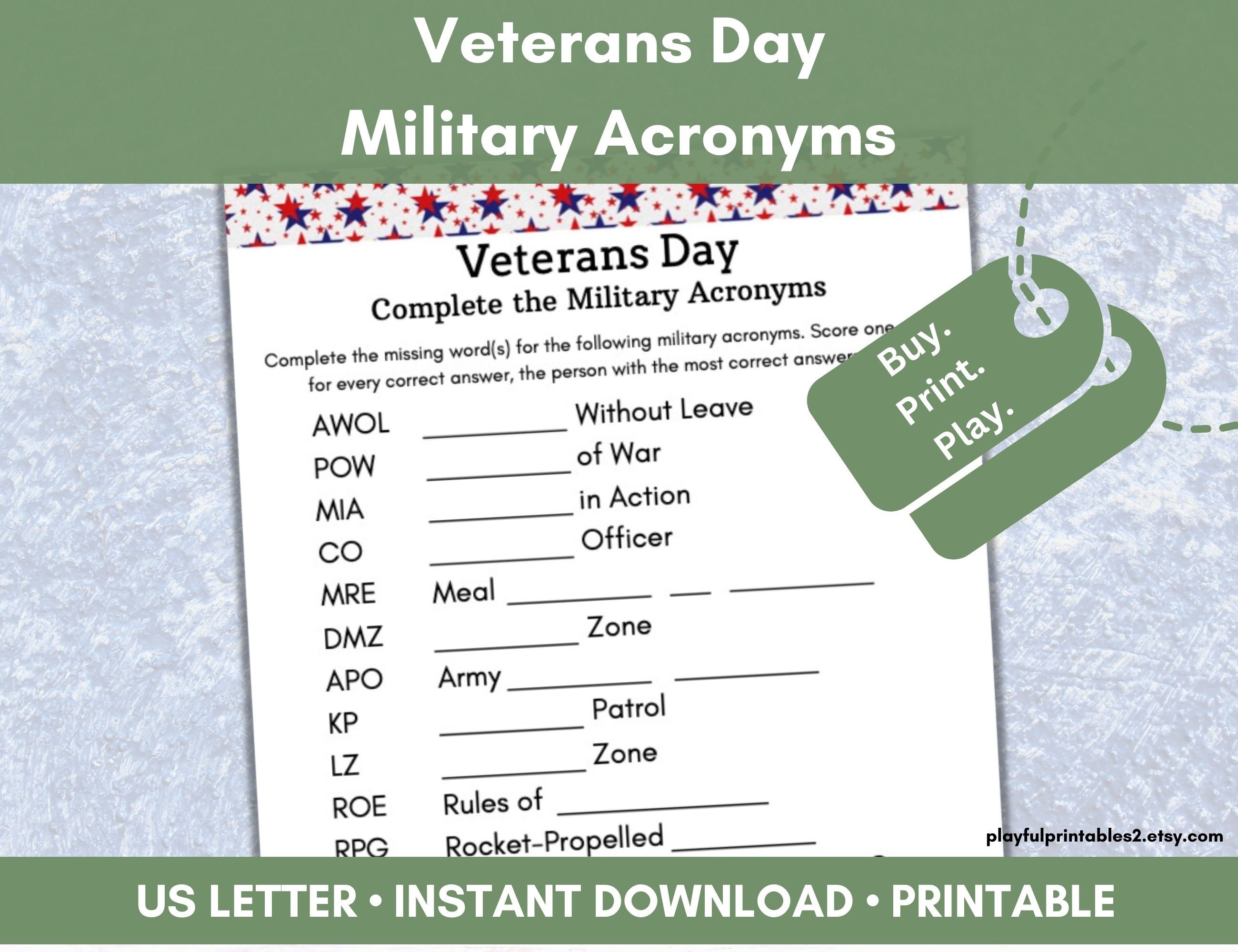 Veterans Day, Fill in the Blank, Military Acronyms, Word Game ...