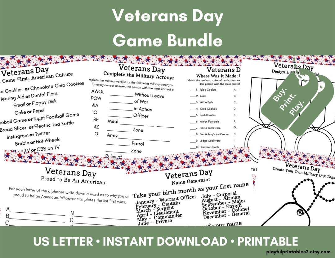 Veterans Day Game Bundle, American Trivia, Name Generator, Coloring ...
