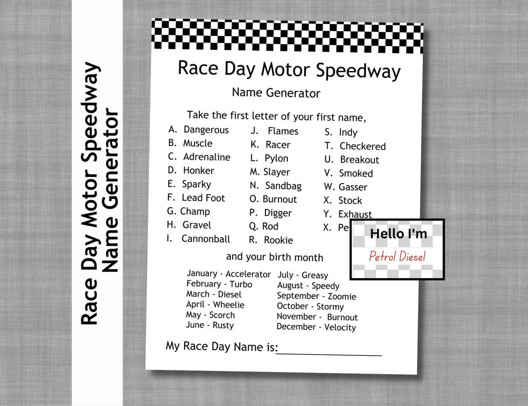 Race Day Name Generator, Motor Speedway Party (printable PDF) - Etsy