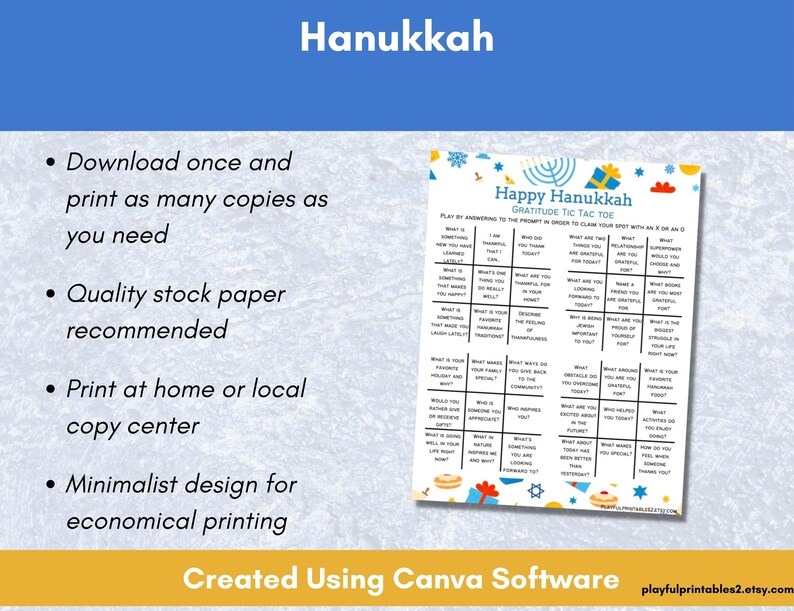 Hanukkah, Gratitude Tic Tac Toe Game, Jewish Holiday Celebration ...