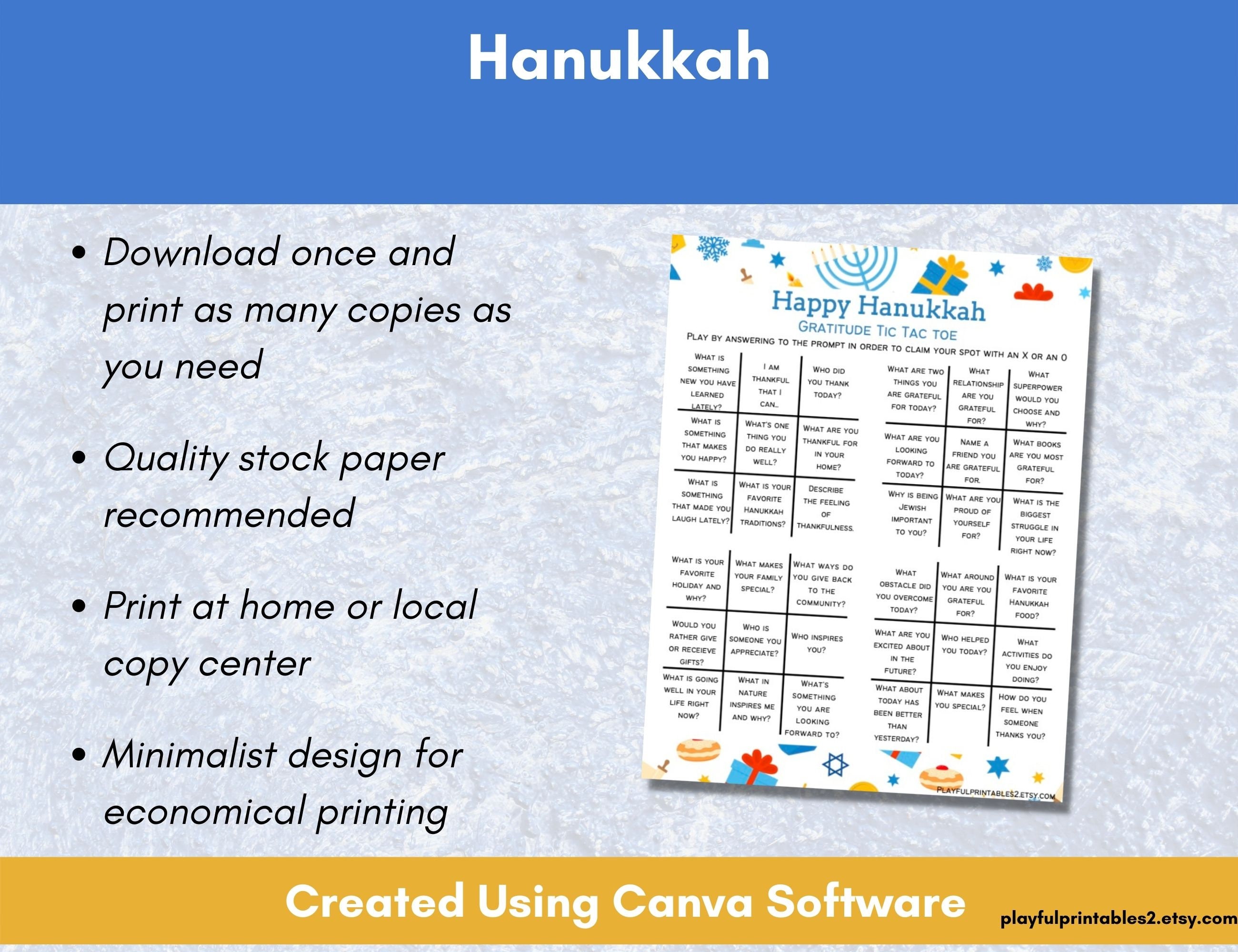 Hanukkah, Gratitude Tic Tac Toe Game, Jewish Holiday Celebration ...