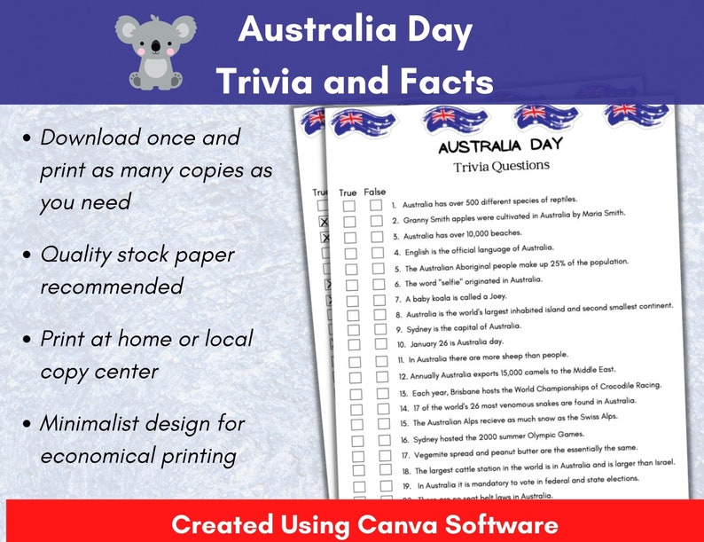 Australia Day Trivia and Facts Australia Party Game Aussie - Etsy