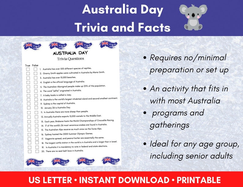 Australia Day, Trivia and Facts, Australia Party Game, Aussie Celebration, Senior Adult Brain ...