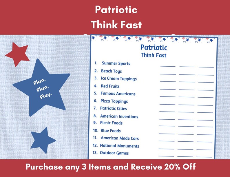 Patriotic Think Fast, Patriotic Party Game, Independence Day, Memorial ...