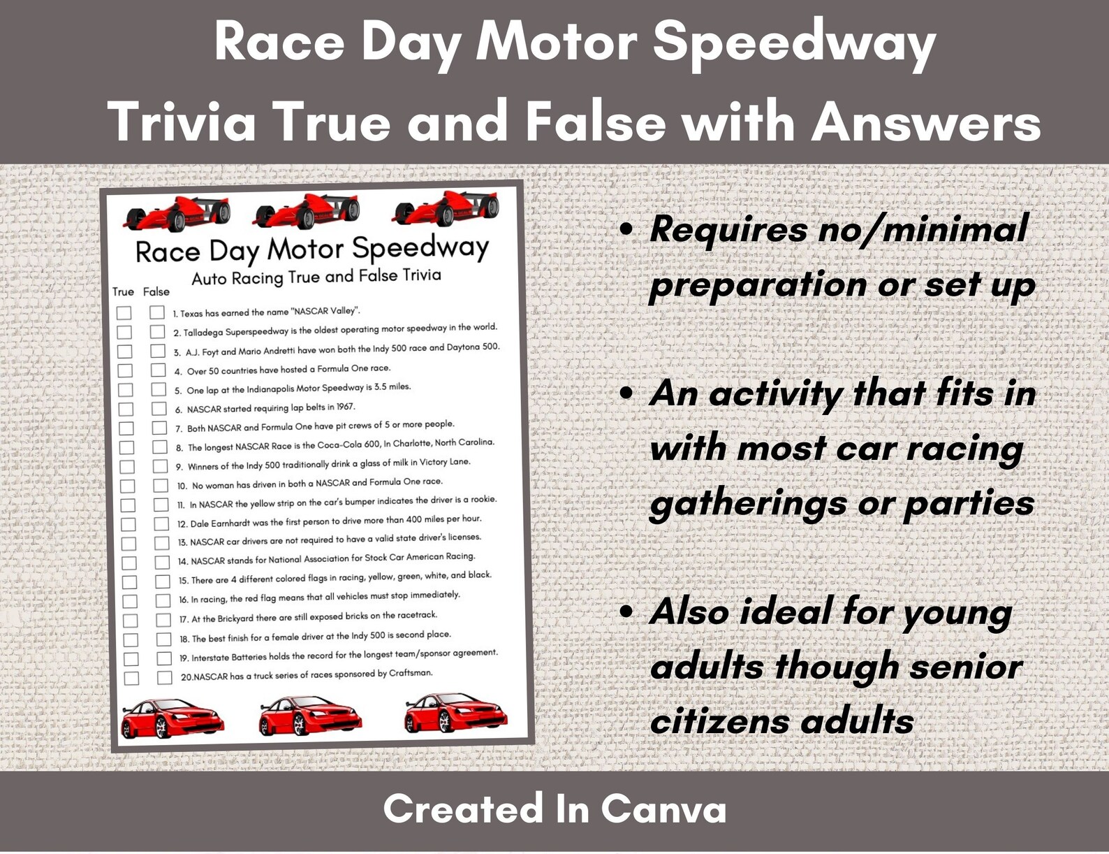 Race Day, Motor Speedway, Race Trivia, Brain Game, Car Racing Trivia ...
