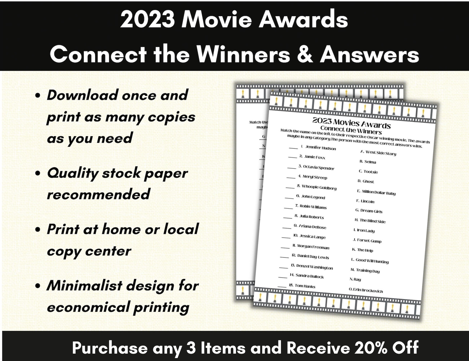Movie Awards Trivia Game, Connect the Winners (PDF Printable) - Etsy