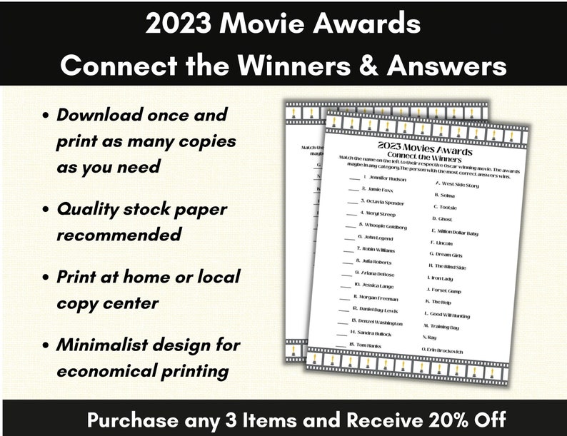 Movie Awards Trivia Game, Connect the Winners (PDF Printable) - Etsy