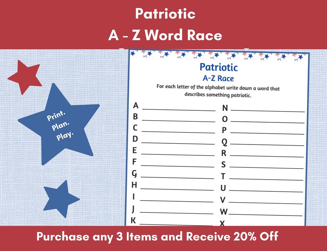 Patriotic A-Z Word Race, Patriotic Party, 4th of July, Memorial Day ...