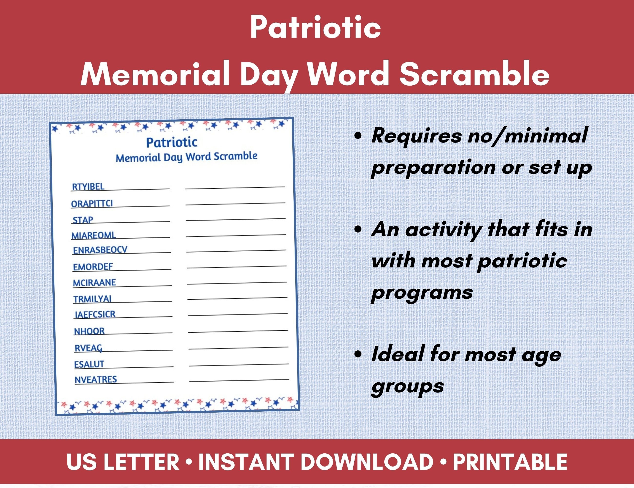 Patriotic, Memorial Day Word Scramble, Patriotic Celebration, Memorial ...