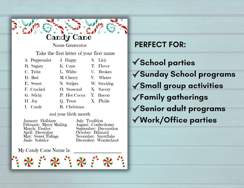 Candy Cane Name Generator, Christmas Party Games (printable PDF) - Etsy
