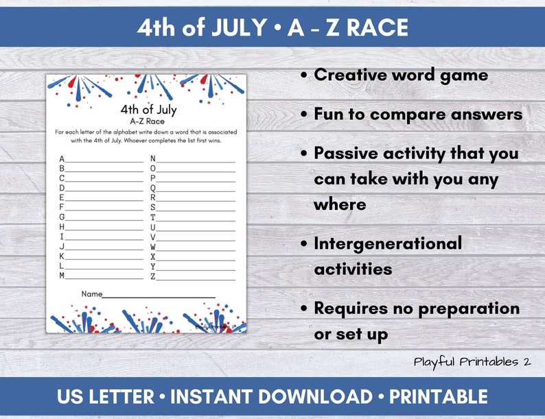 4th of July Day A-Z Race Word Race Alphabet Game Patriotic - Etsy
