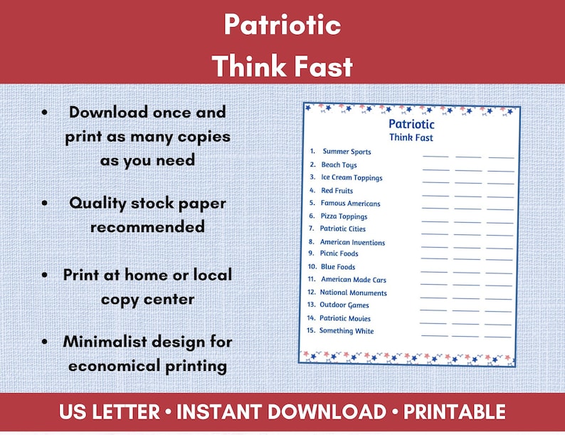 Patriotic Think Fast, Patriotic Party Game, Independence Day, Memorial ...