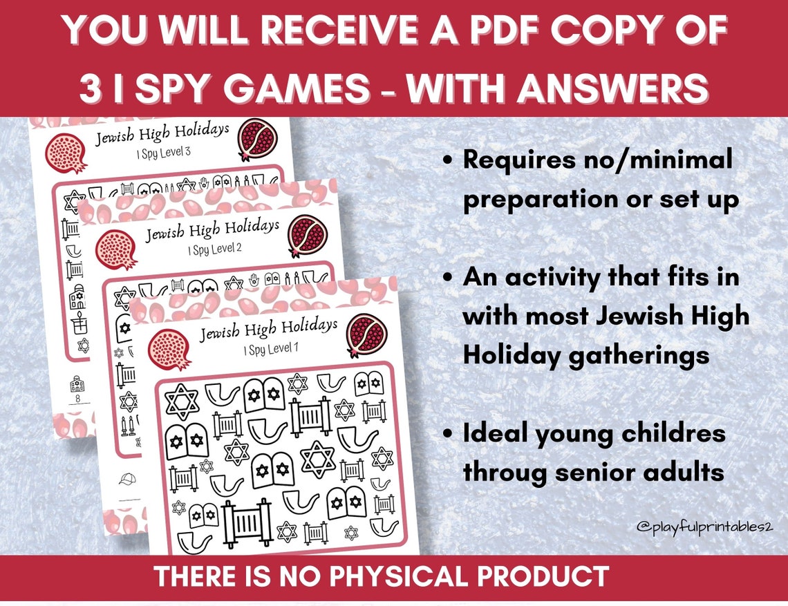 Jewish High Holidays, I Spy, 3 Levels & Answers, Puzzle Activity, Rosh ...