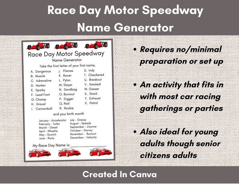 Race Day, Name Generator, Motor Speedway, Race Car Game, Race Car Party ...