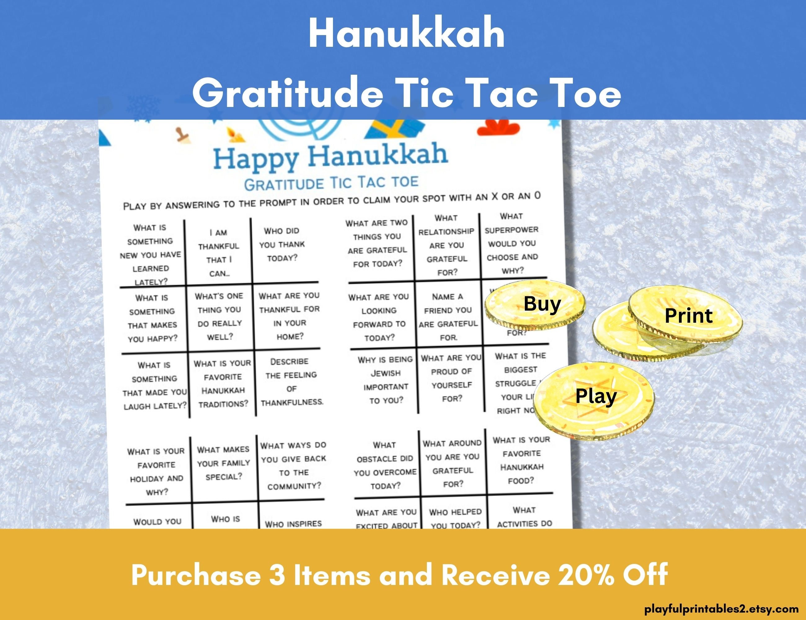 Hanukkah, Gratitude Tic Tac Toe Game, Jewish Holiday Celebration ...