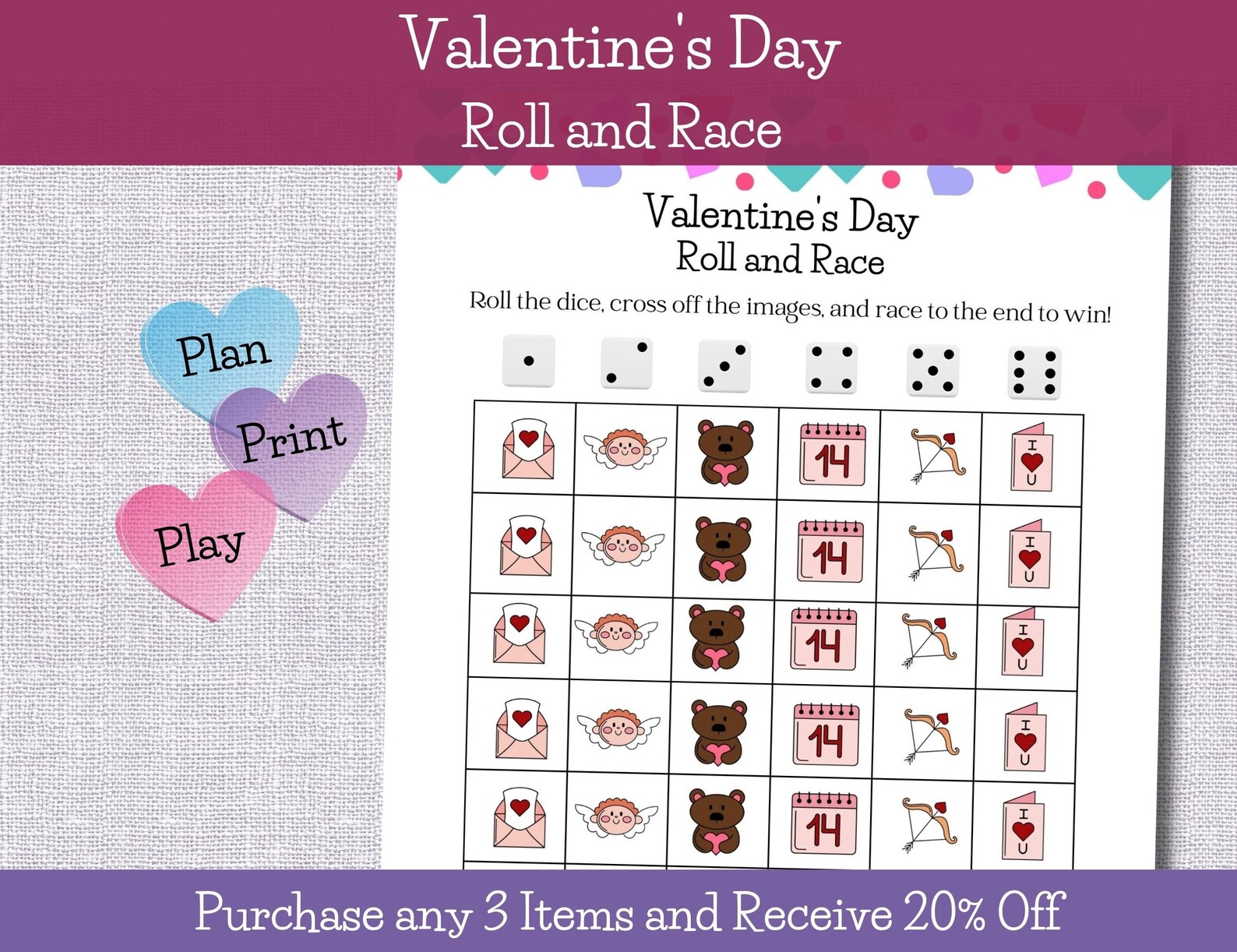 Valentine's Day, Valentine's Day Roll & Race, Dice Game, Valentine's ...