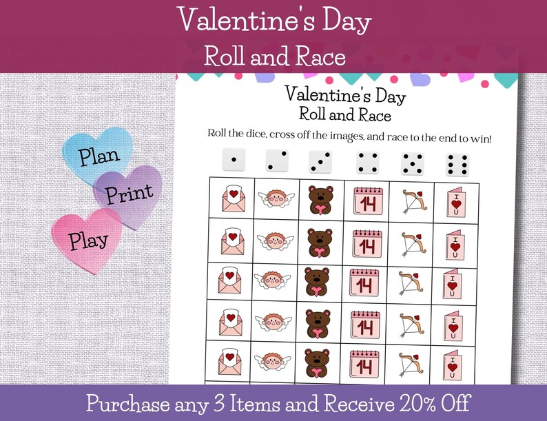 Valentine's Day, Valentine's Day Roll & Race, Dice Game, Valentine's ...
