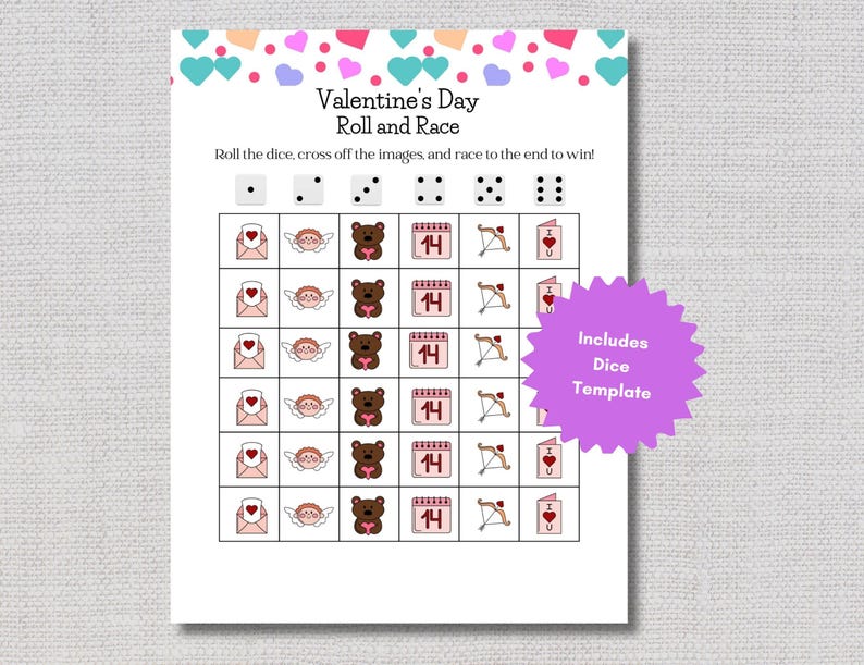 Valentine's Day, Valentine's Day Roll & Race, Dice Game, Valentine's ...