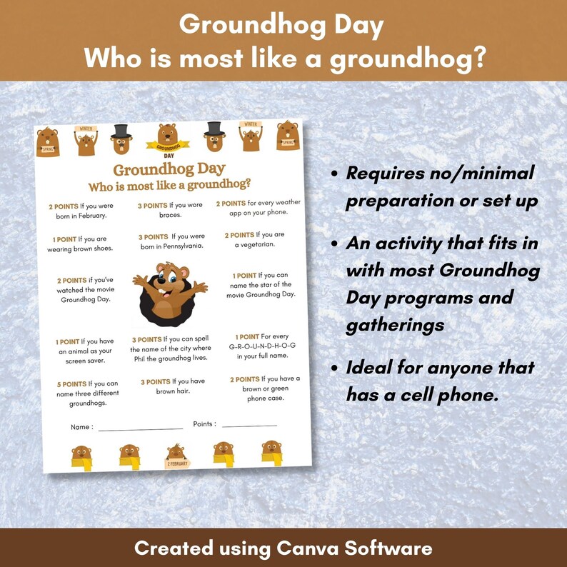 Groundhog Day Game, Who is Most Like a Groundhog (printable PDF) - Etsy