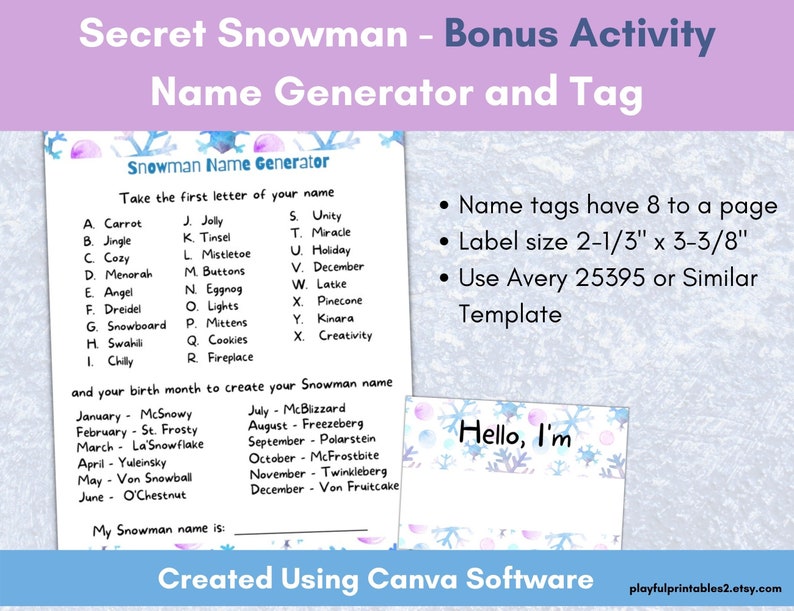 Secret Snowman, Wish List Questionnaire, Secret Santa Planner, Family ...
