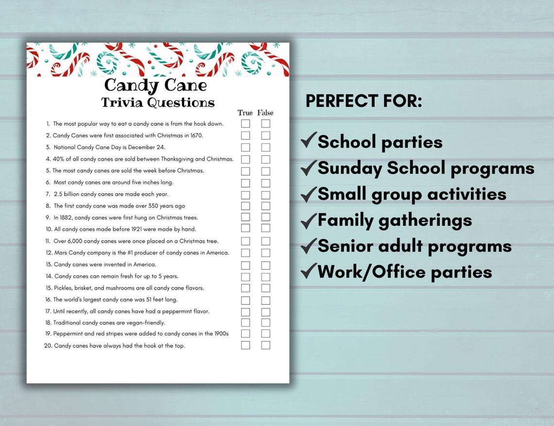 Candy Cane Trivia, Christmas Game, Christmas Trivia, Church Christmas ...