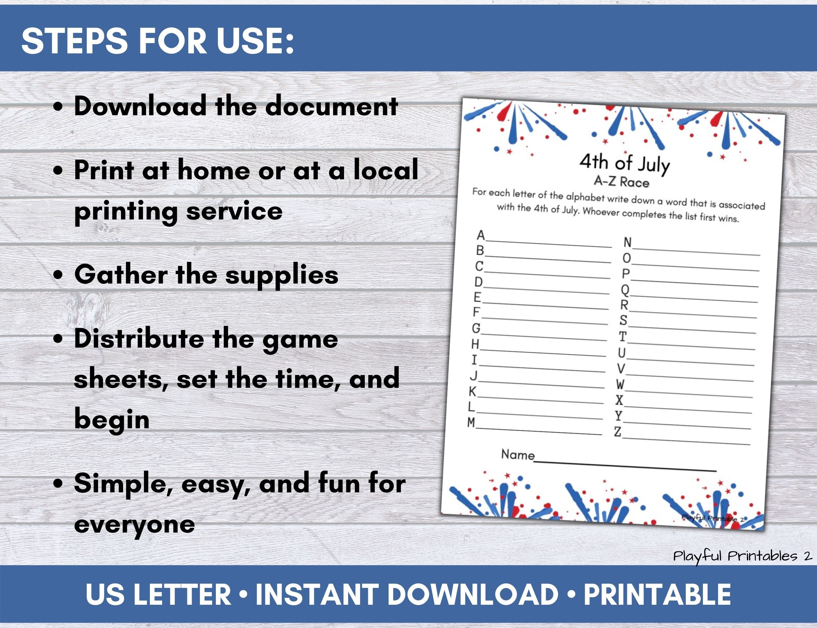 4th of July Day A-Z Race Word Race Alphabet Game Patriotic - Etsy