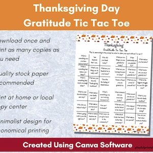 Thanksgiving Gratitude Tic Tac Toe Game, Printable (PDF) - Etsy