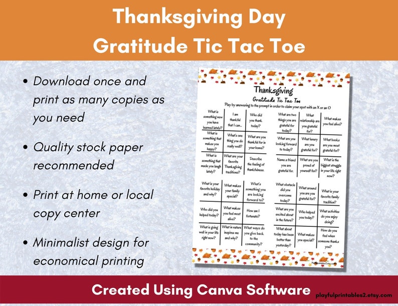 Thanksgiving Gratitude Tic Tac Toe Game, Printable (PDF) - Etsy
