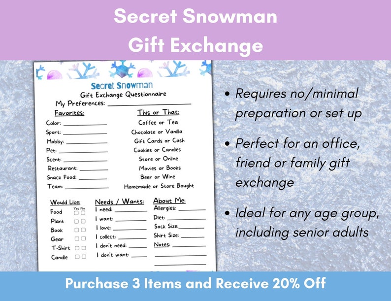 Secret Snowman, Wish List Questionnaire, Secret Santa Planner, Family ...