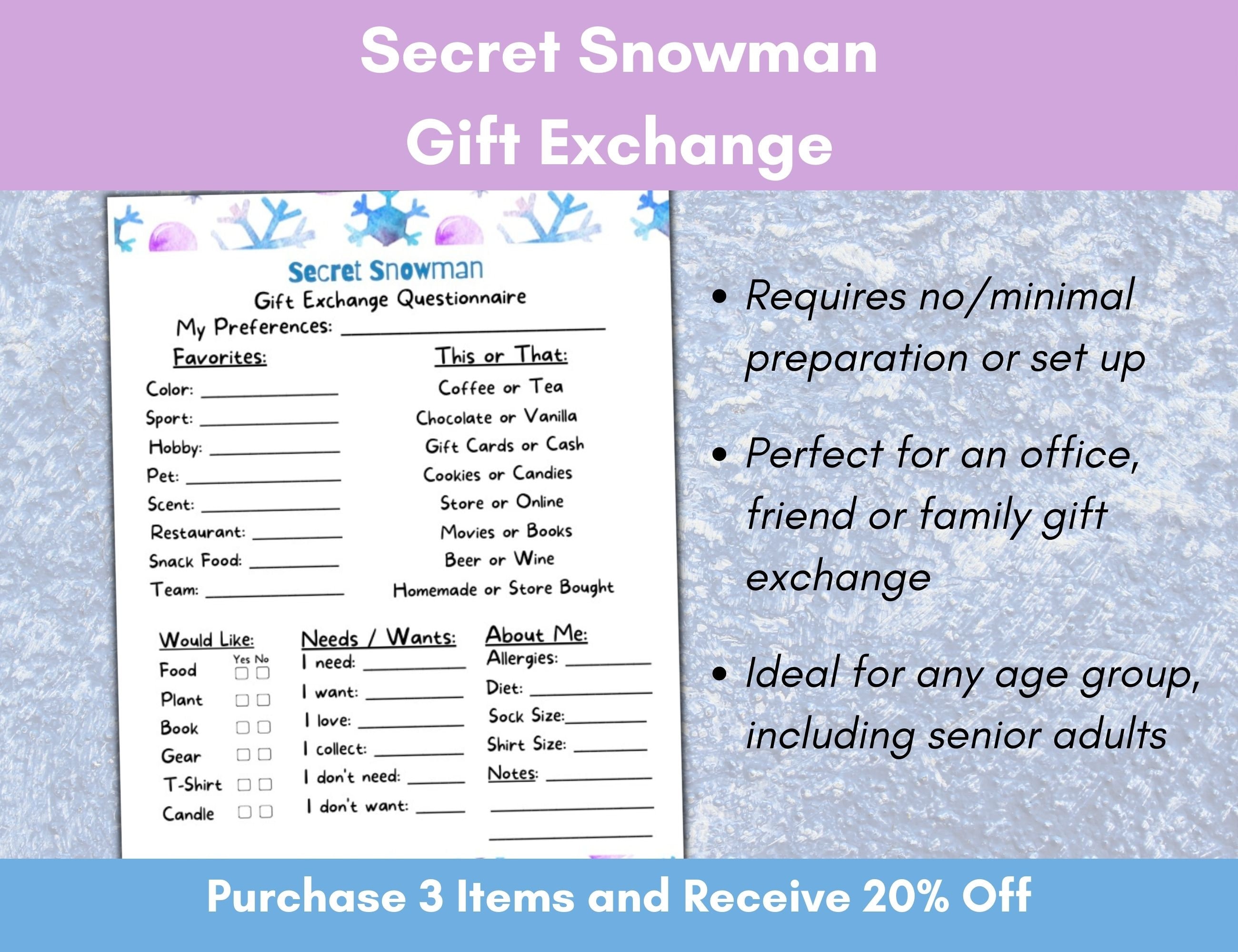 Secret Snowman, Wish List Questionnaire, Secret Santa Planner, Family ...