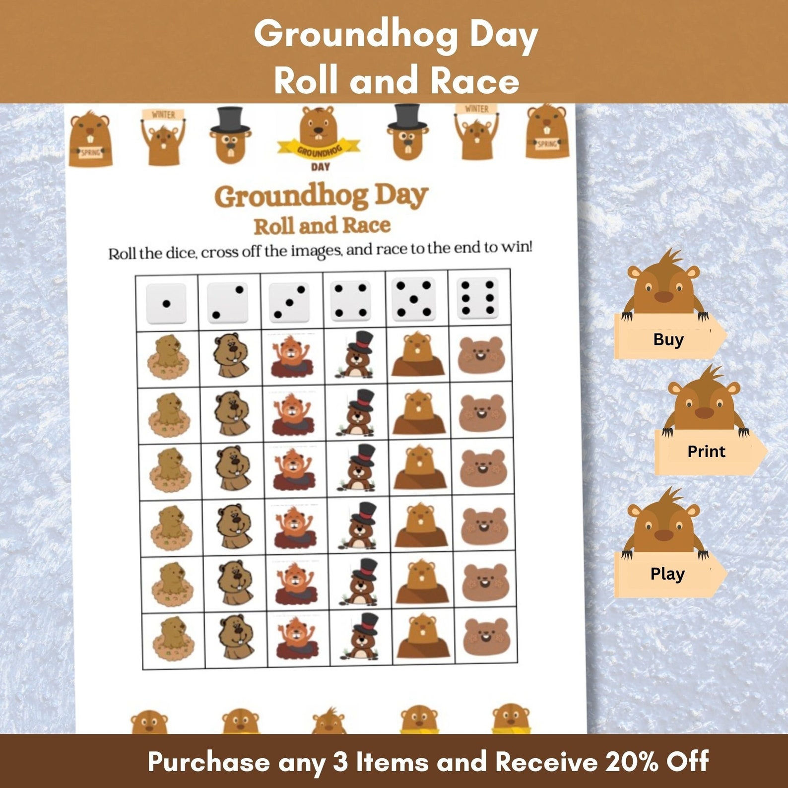 Groundhog Day, Groundhog Roll & Race, Dice Game, Groundhog Day Game ...