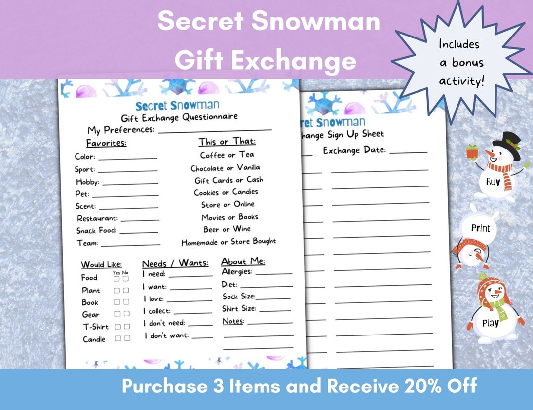 Secret Snowman, Wish List Questionnaire, Secret Santa Planner, Family ...
