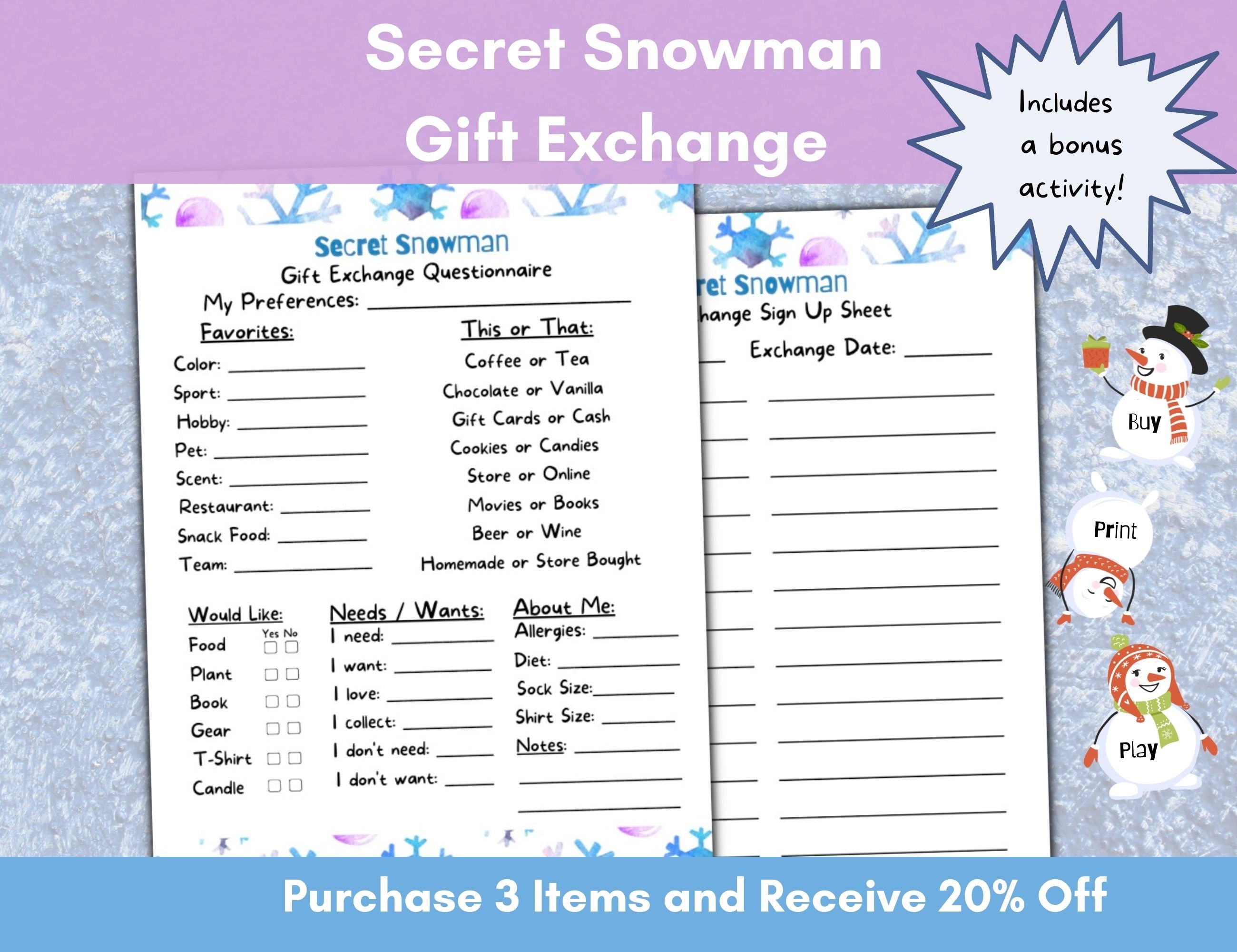 Secret Snowman, Wish List Questionnaire, Secret Santa Planner, Family ...