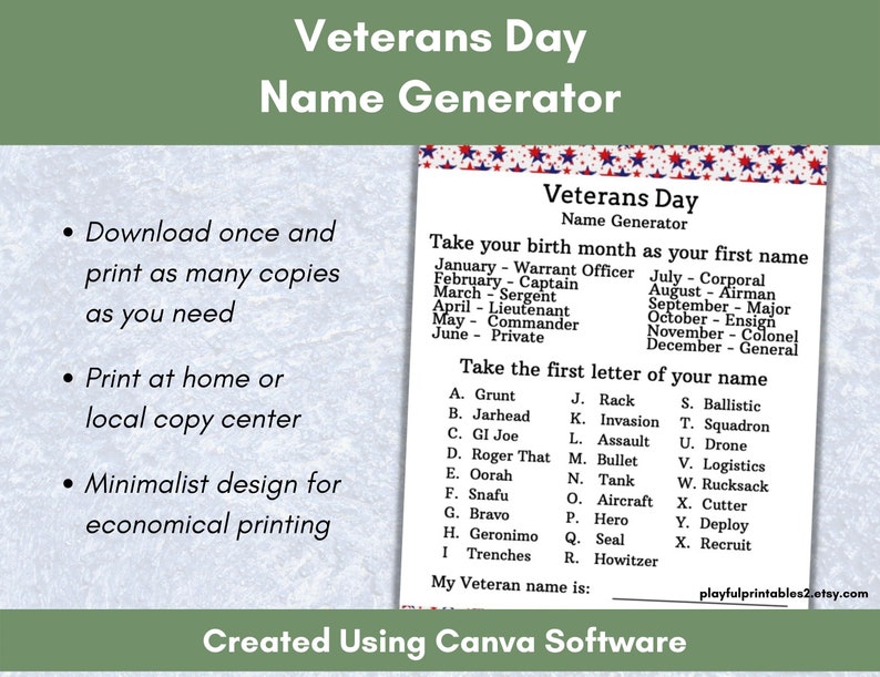 Veterans Day, Name Generator, Military Game, Veterans Day Classroom ...