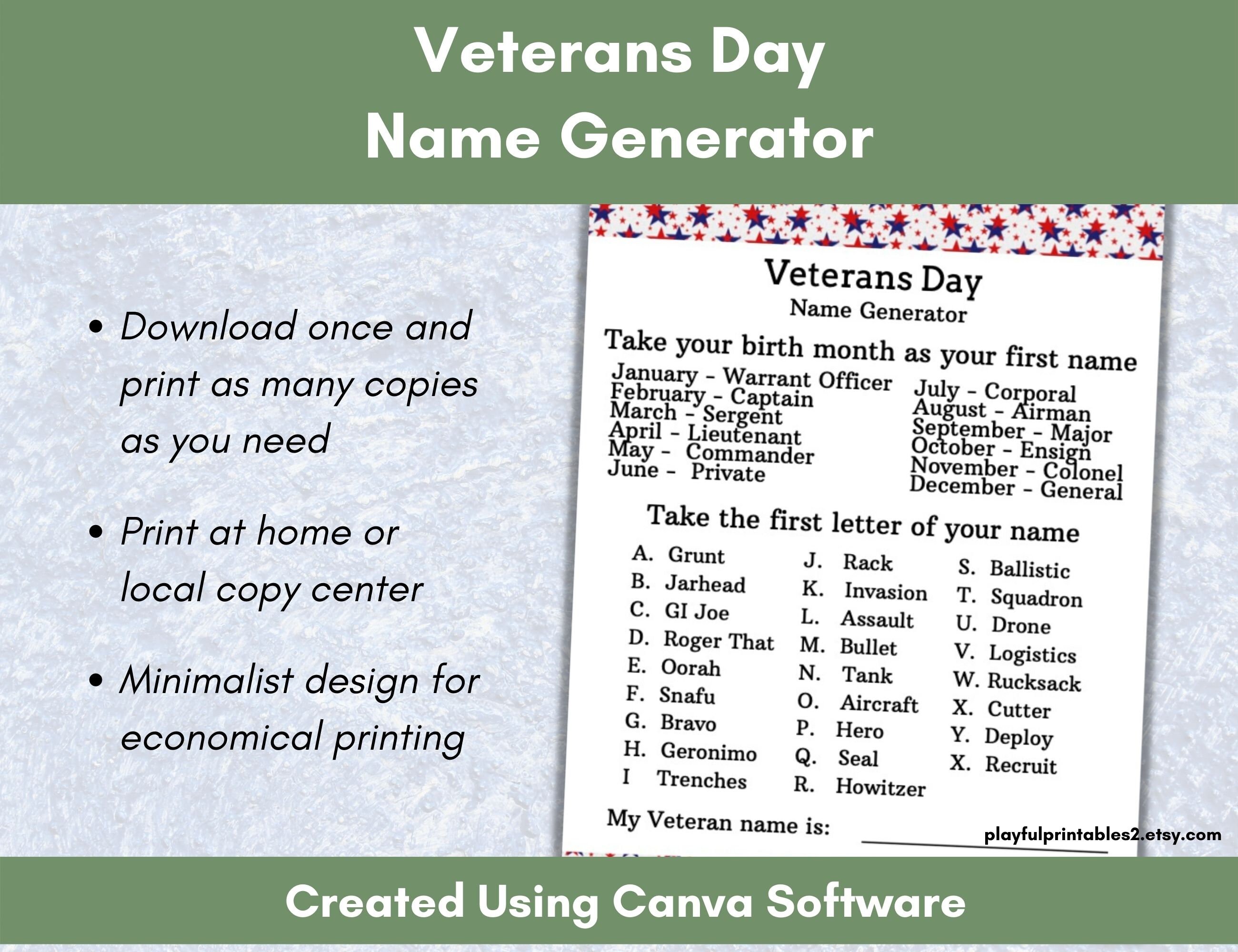 Veterans Day, Name Generator, Military Game, Veterans Day Classroom ...