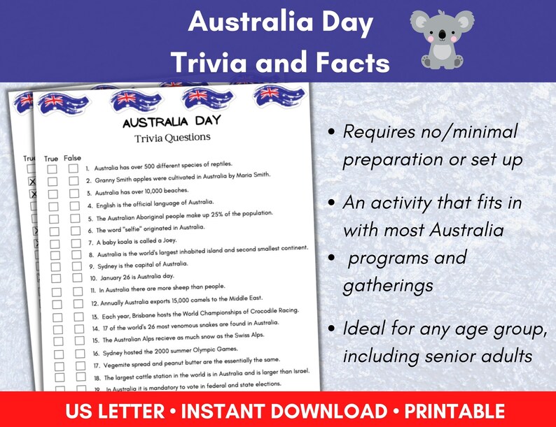 Australia Day Trivia and Facts Australia Party Game Aussie - Etsy