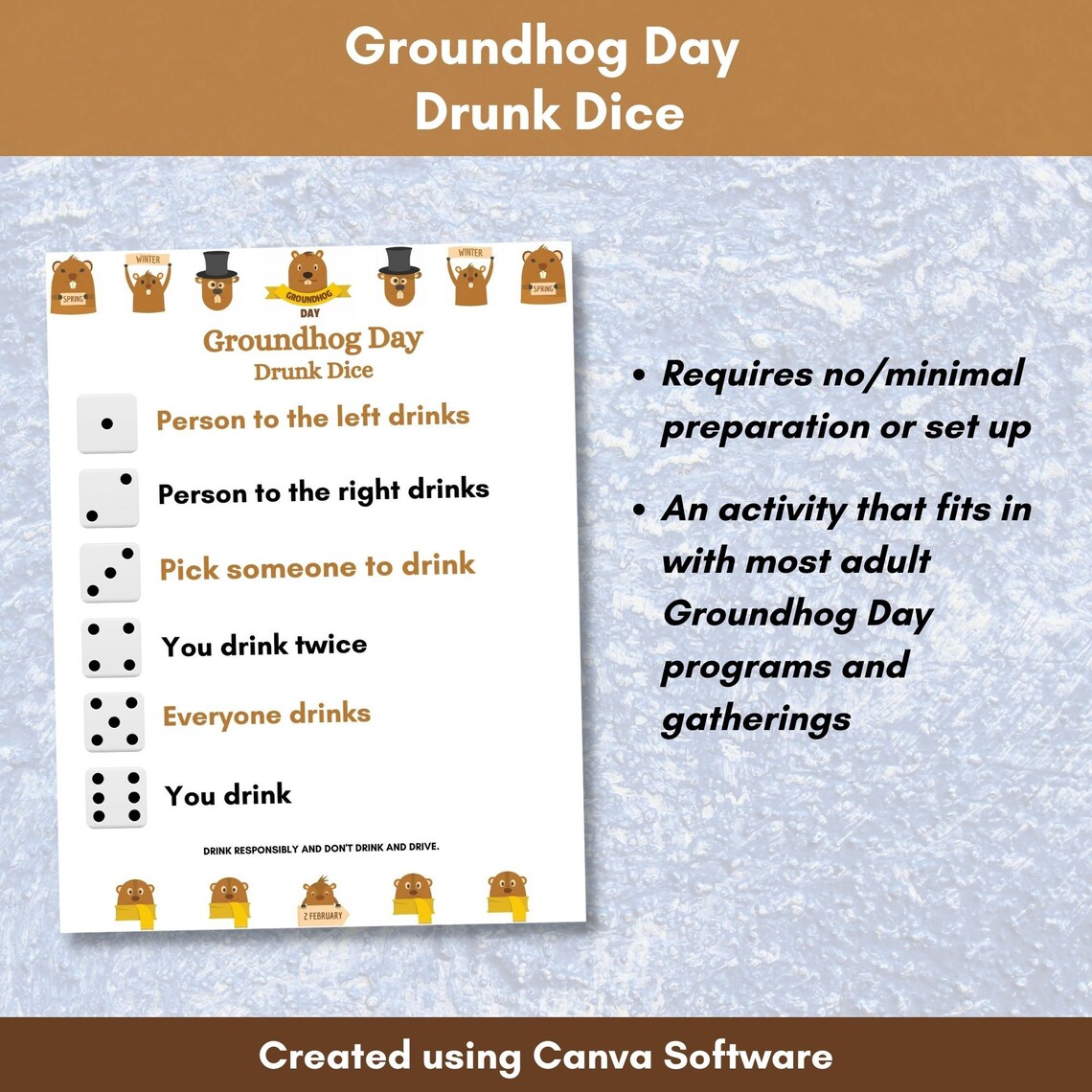 Groundhog Day, Drunken Dice Drinking Game, Groundhog Day Game, Adult ...