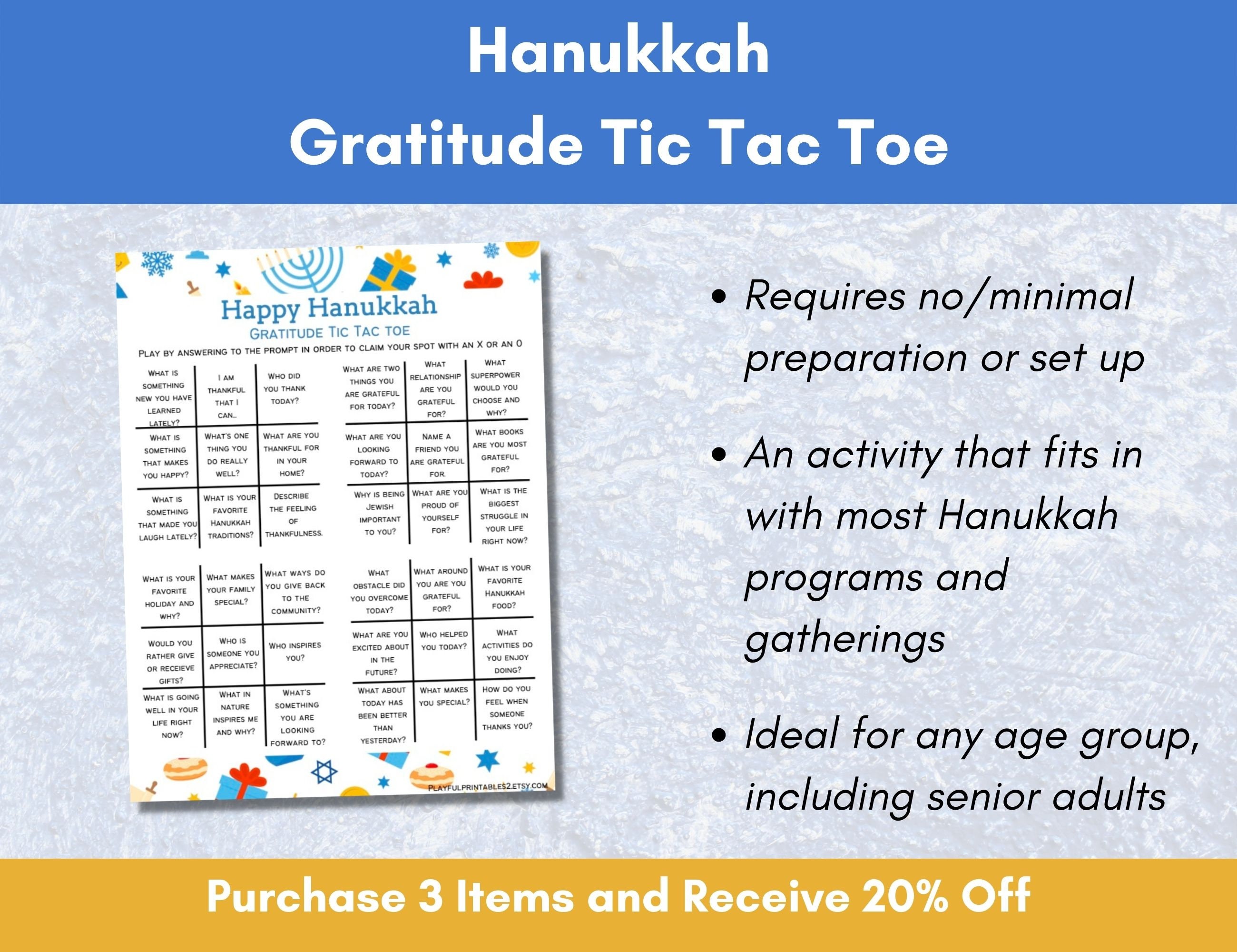 Hanukkah, Gratitude Tic Tac Toe Game, Jewish Holiday Celebration ...