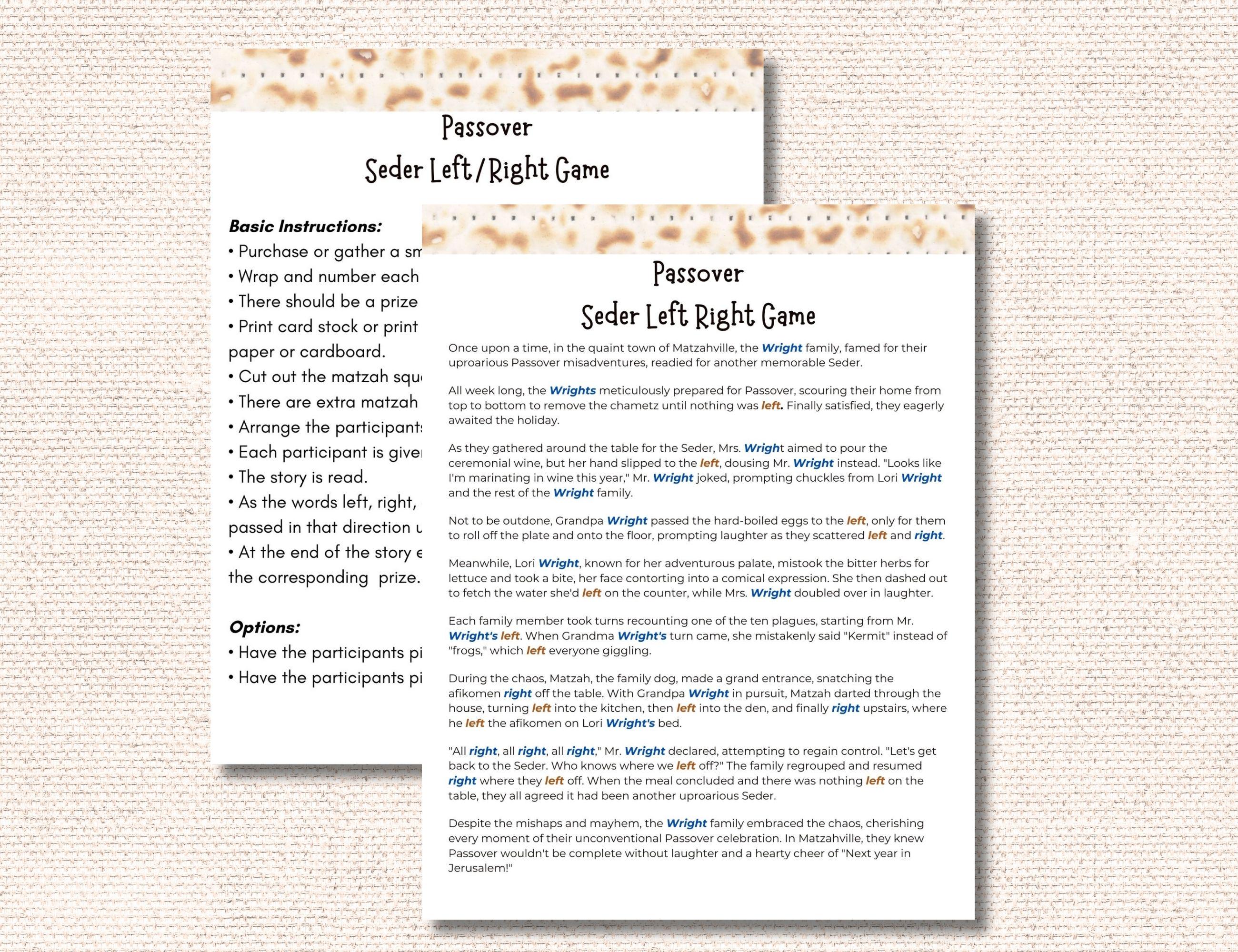 Passover Seder Left Right Game, Left Right Story, Passover Holiday ...