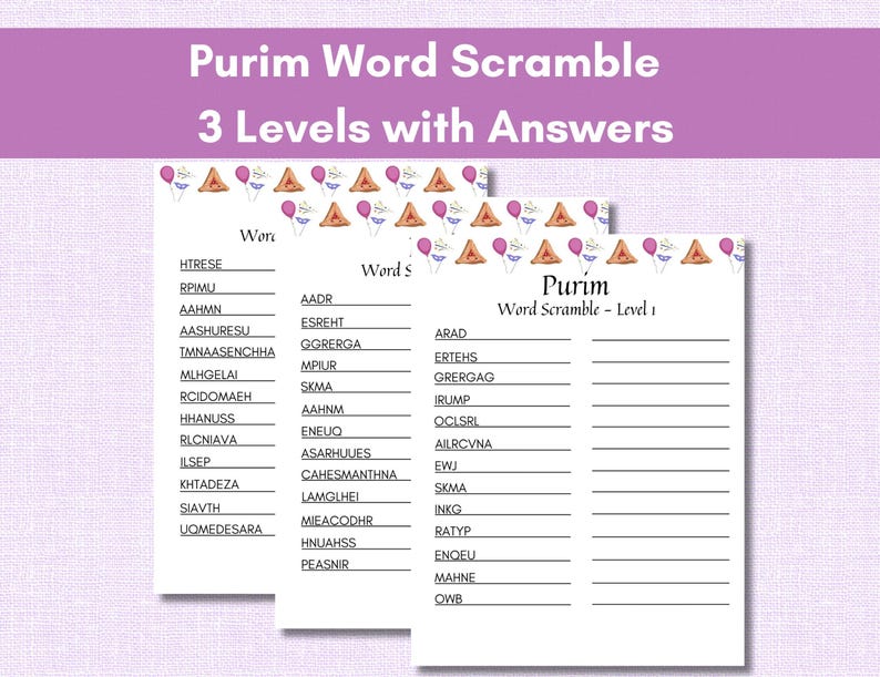 Purim Word Scramble Game, 3 Levels (PDF Pattern) - Etsy