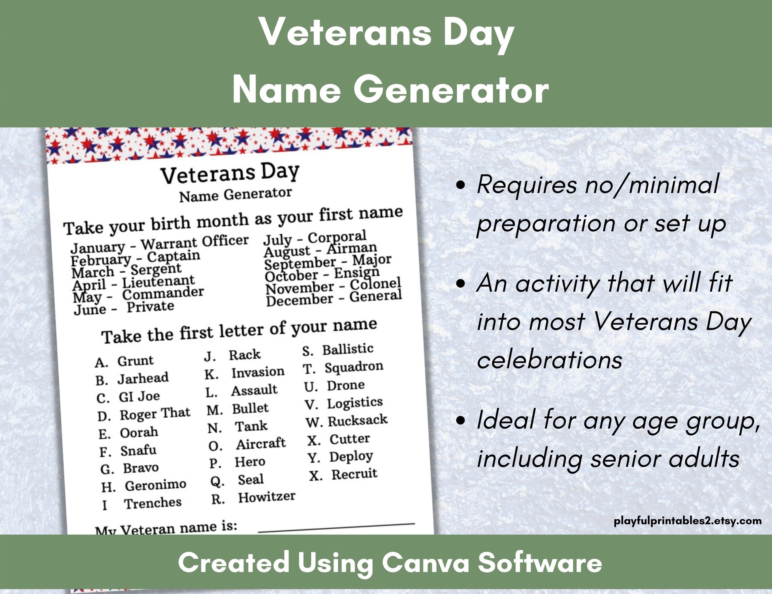 Veterans Day, Name Generator, Military Game, Veterans Day Classroom ...