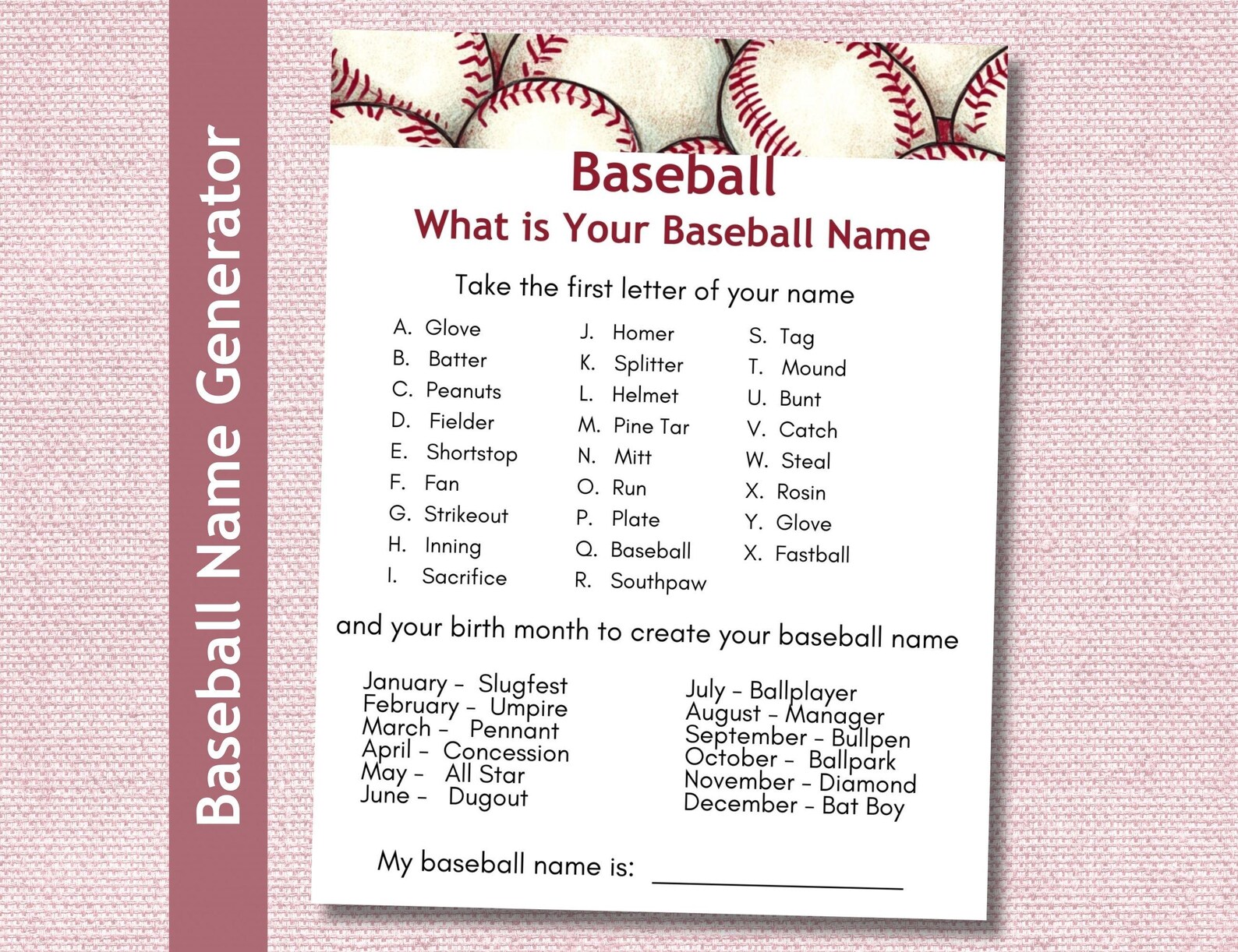 Baseball Name Generator, Baseball Party Game, Printable Activity ...